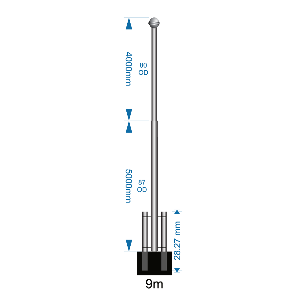 Swivel Base Flagpole 9m - including installation (one unit) - National Flag